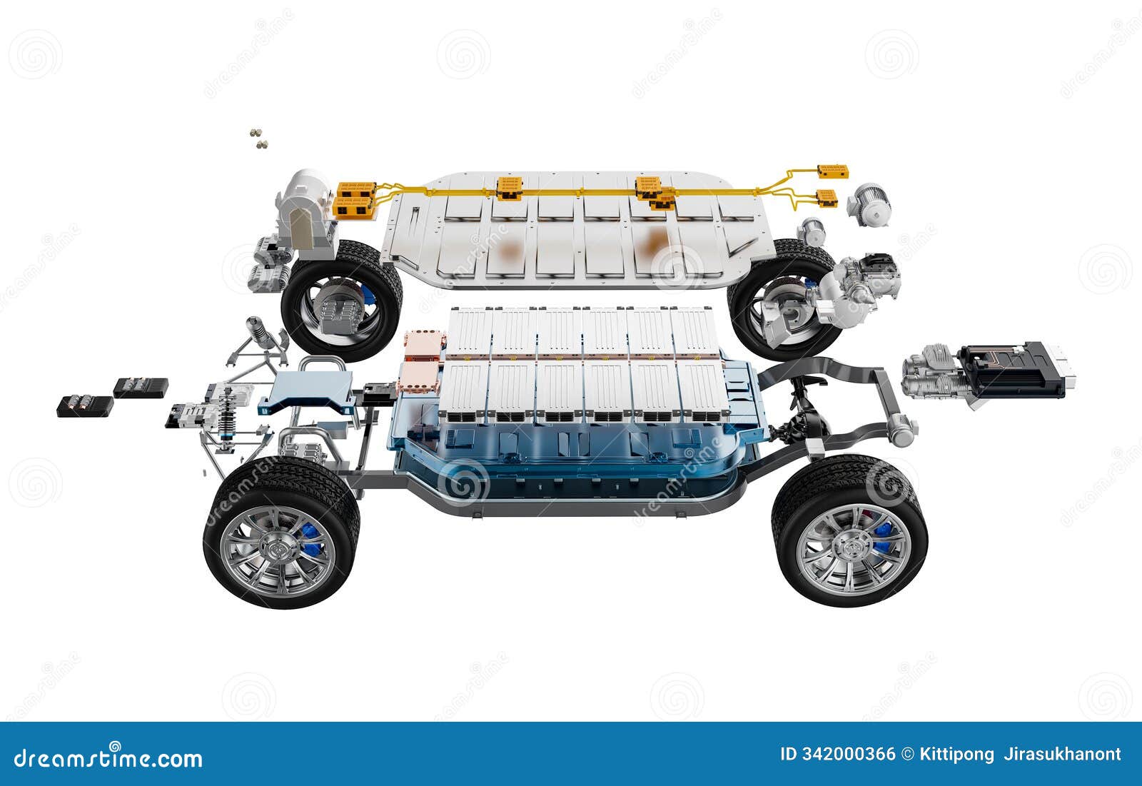 Explode View Of Golden Electric Vehicle Battery With Car Frame Royalty ...