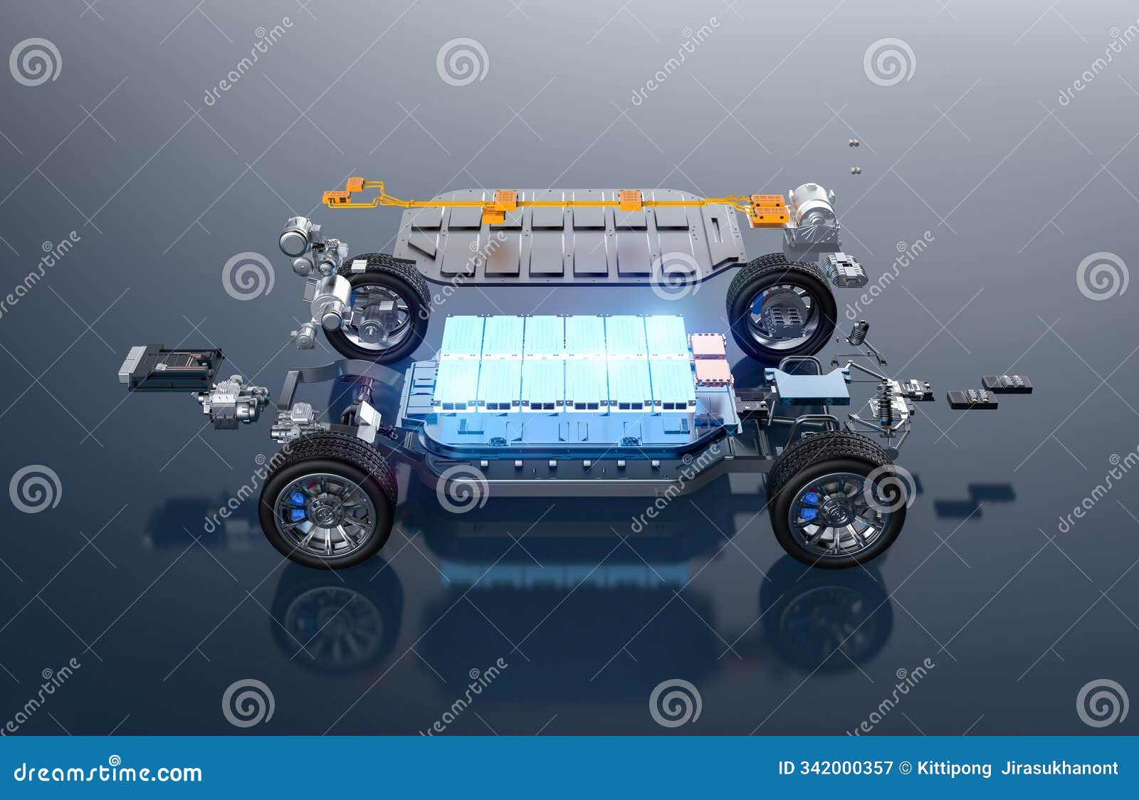 Explode View of Ev Car with Glowing Battery Element and Undercarriage ...