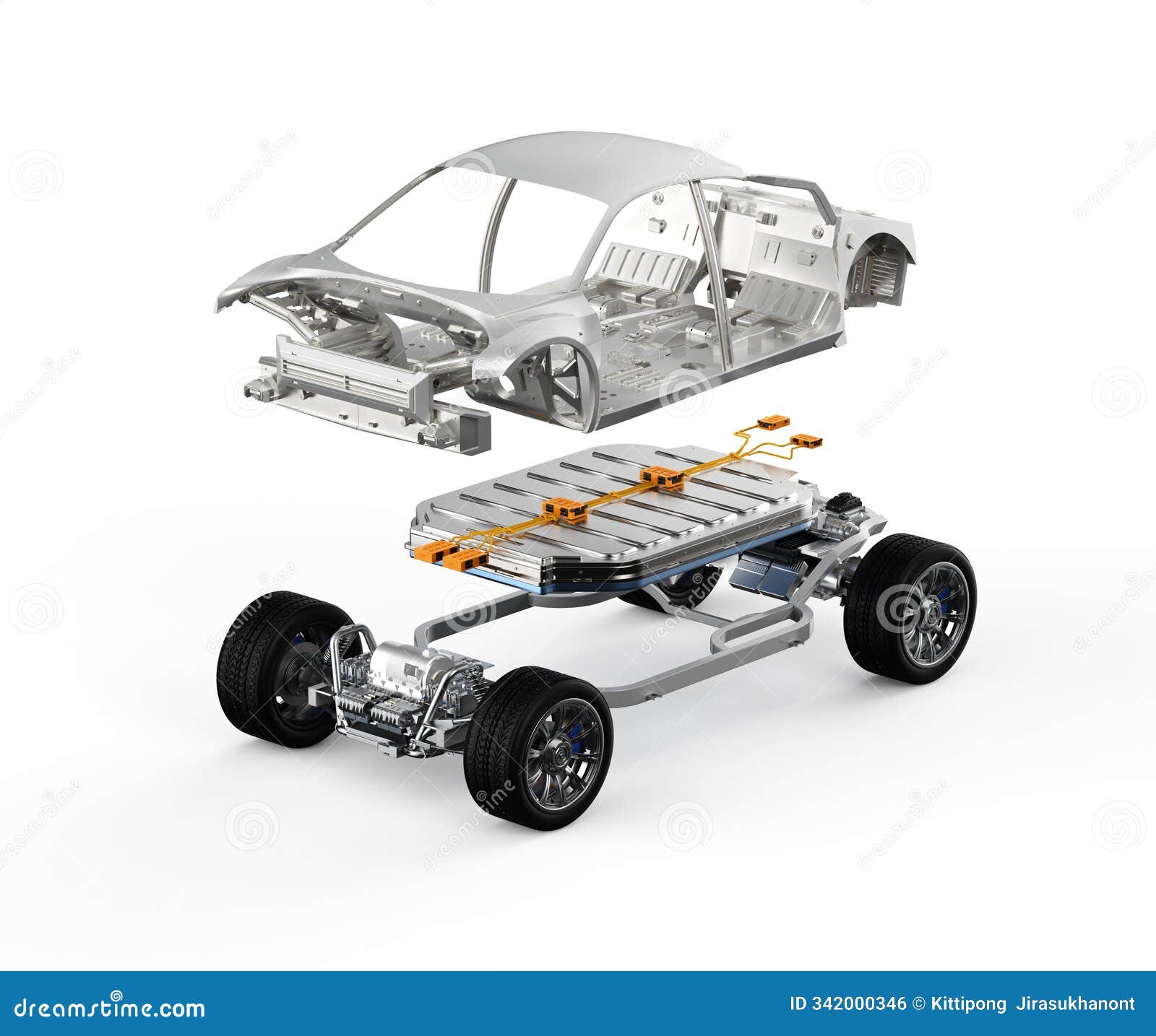 Explode View of Golden Electric Vehicle Battery with Car Frame Stock ...