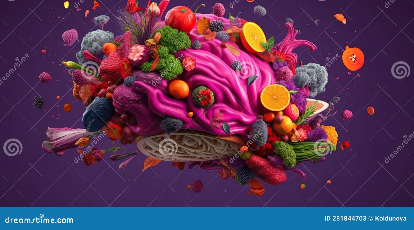 Exploded Brain Made of Colorful Vegetables on Magenta Background ...