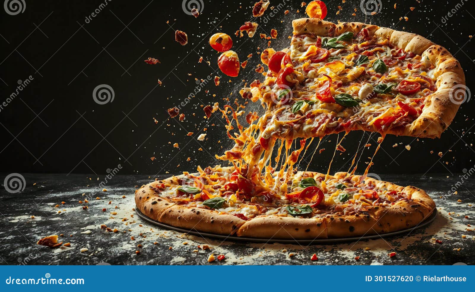 Exploded Delicious Pizza with Fresh Vegetables on Dark Background Stock ...