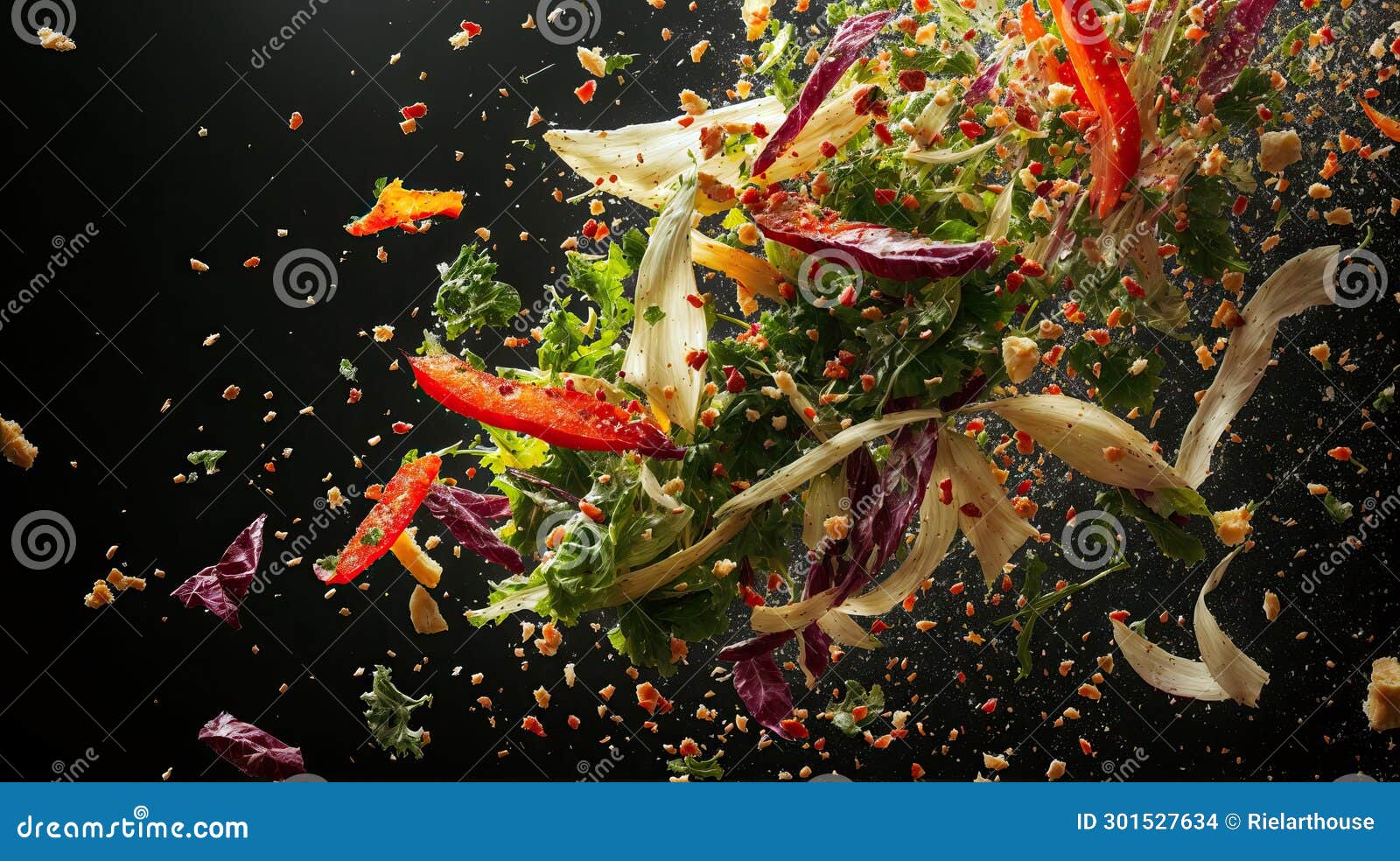Exploded Delicious Salad with Fresh Vegetables on Dark Background Stock ...