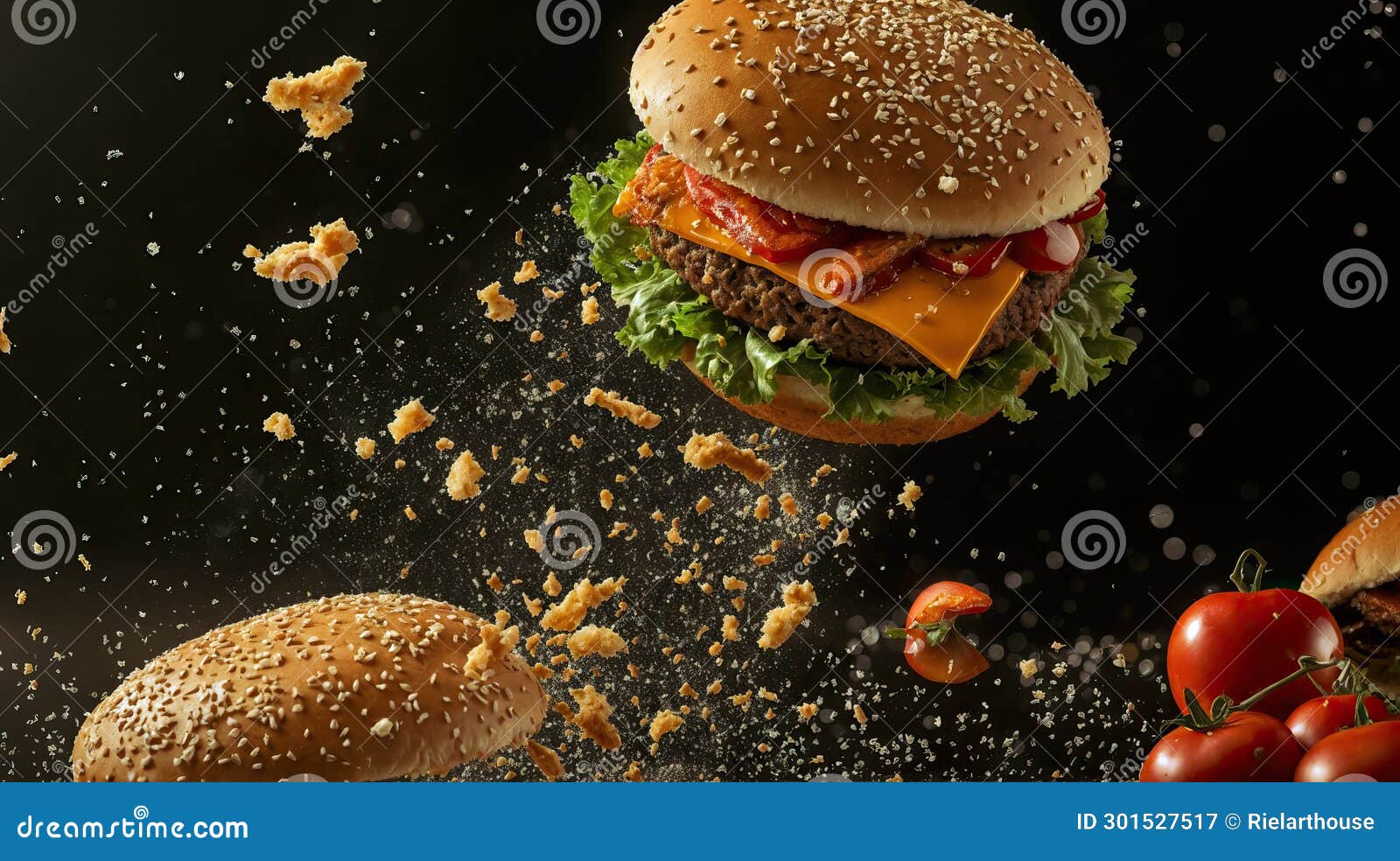 Exploded Hamburger with Fresh Vegerables on Dark Background Stock ...