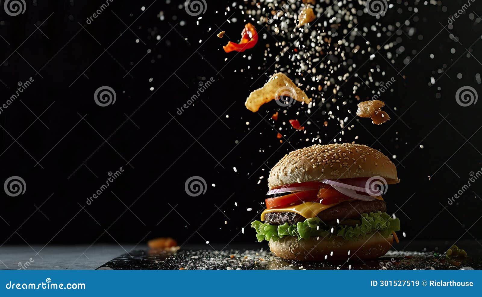 Exploded Hamburger with Fresh Vegerables on Dark Background Stock ...