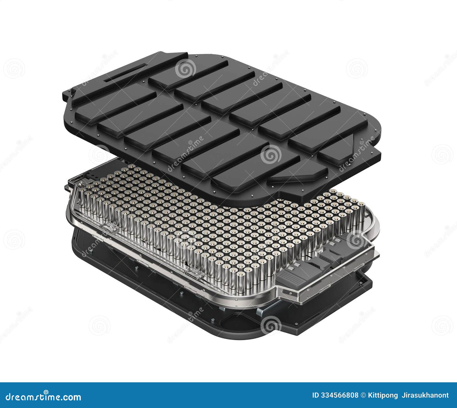 Exploded View Of Black Ev Battery Pouch With Cylindrical Cells Royalty ...