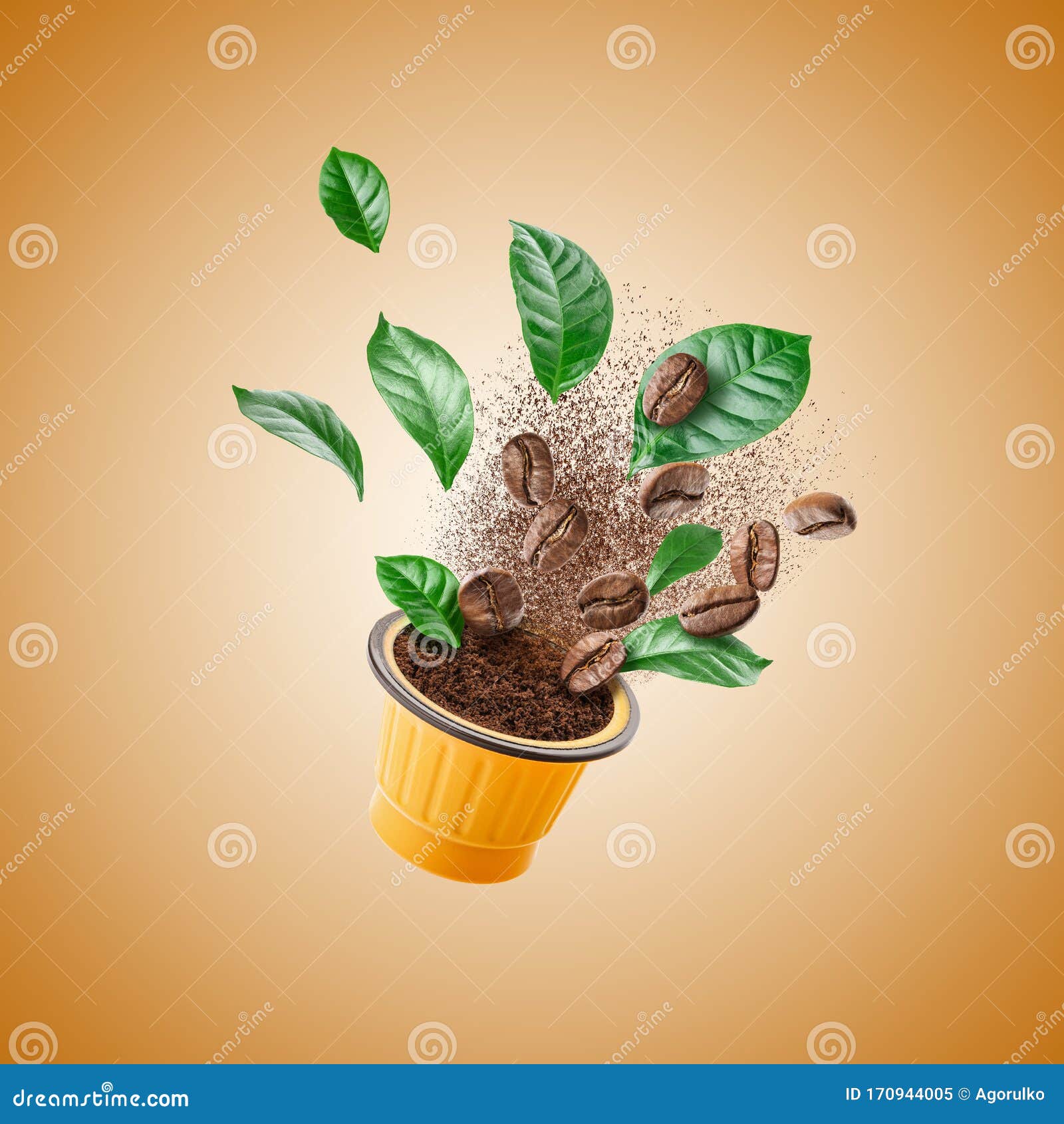 Exploded View of Coffee Grinder with Roasted Beans and Leaves Stock ...