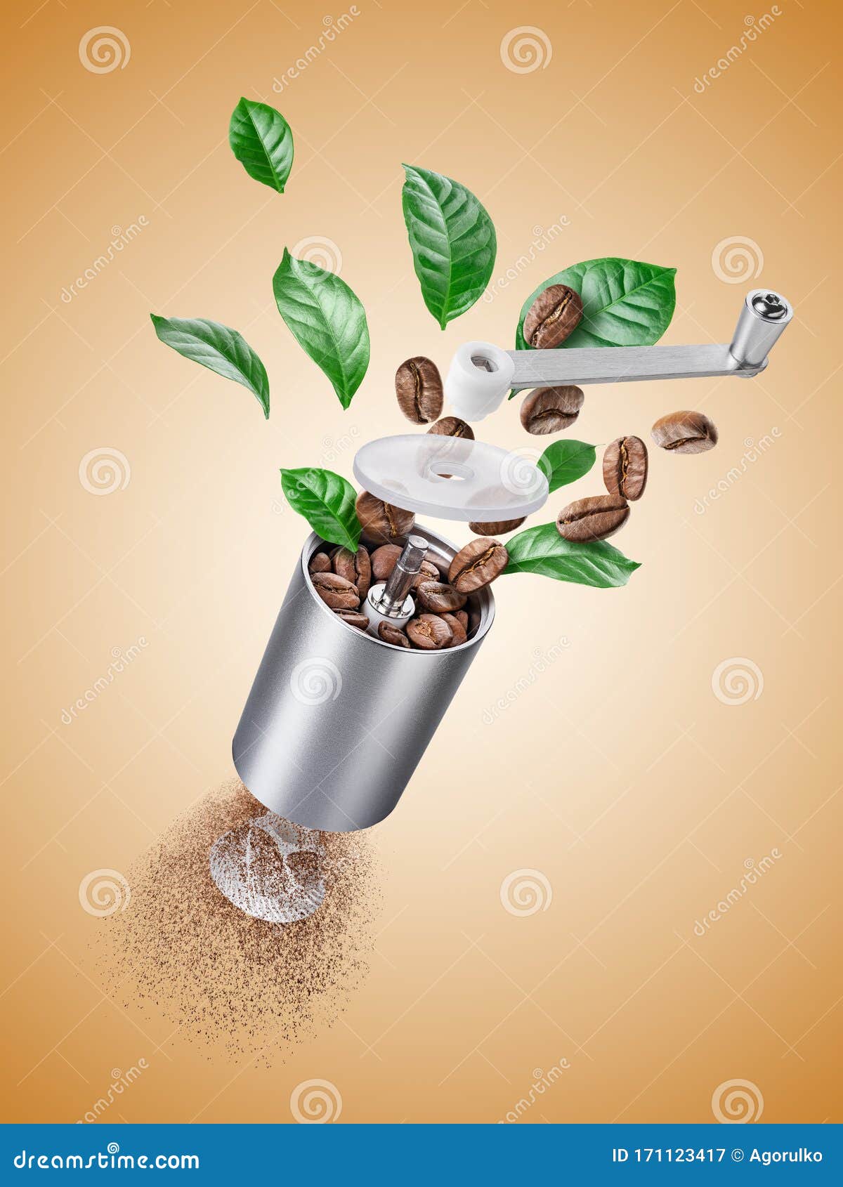 Exploded View of Coffee Grinder with Roasted Beans and Leaves Stock ...