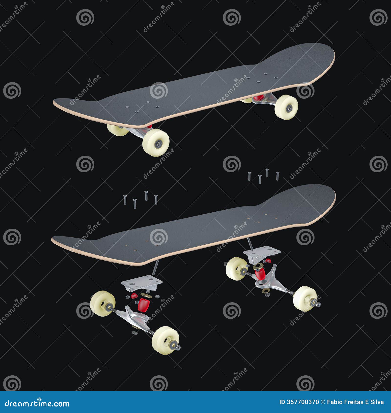 Exploded View Of Skateboard With All Components In White Background. 3d ...