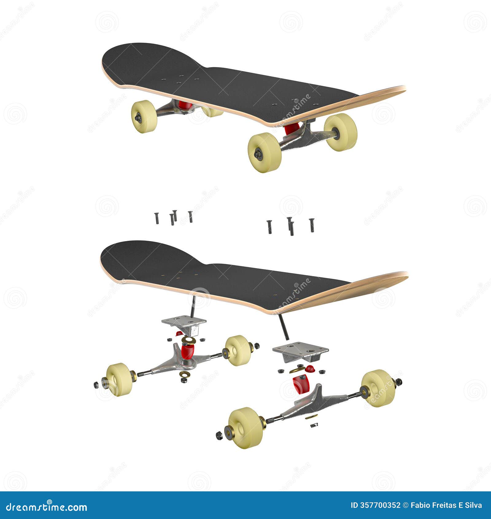 Exploded View of Skateboard with All Components in White Background. 3d ...