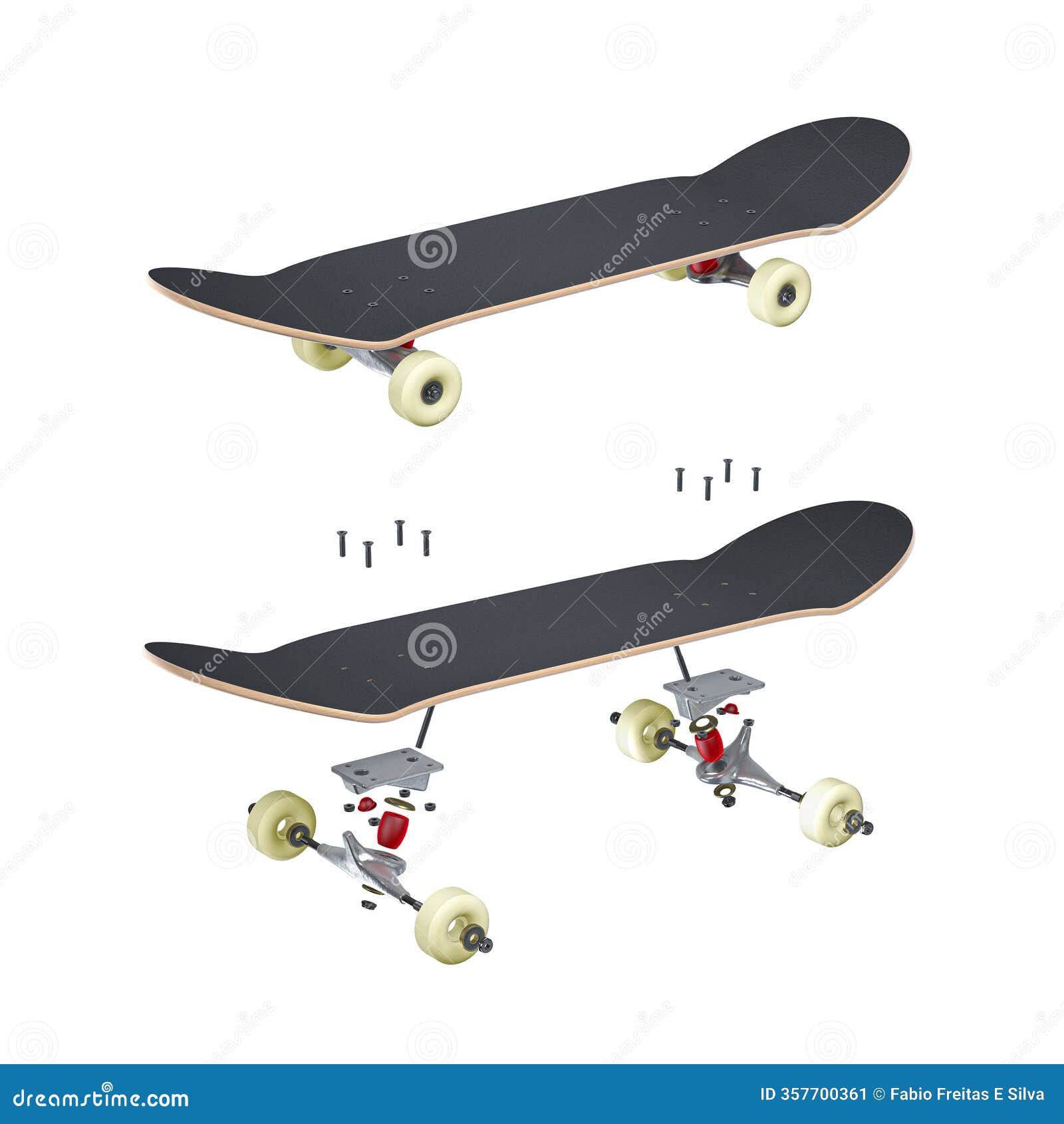 Exploded View of Skateboard with All Components in White Background. 3d ...