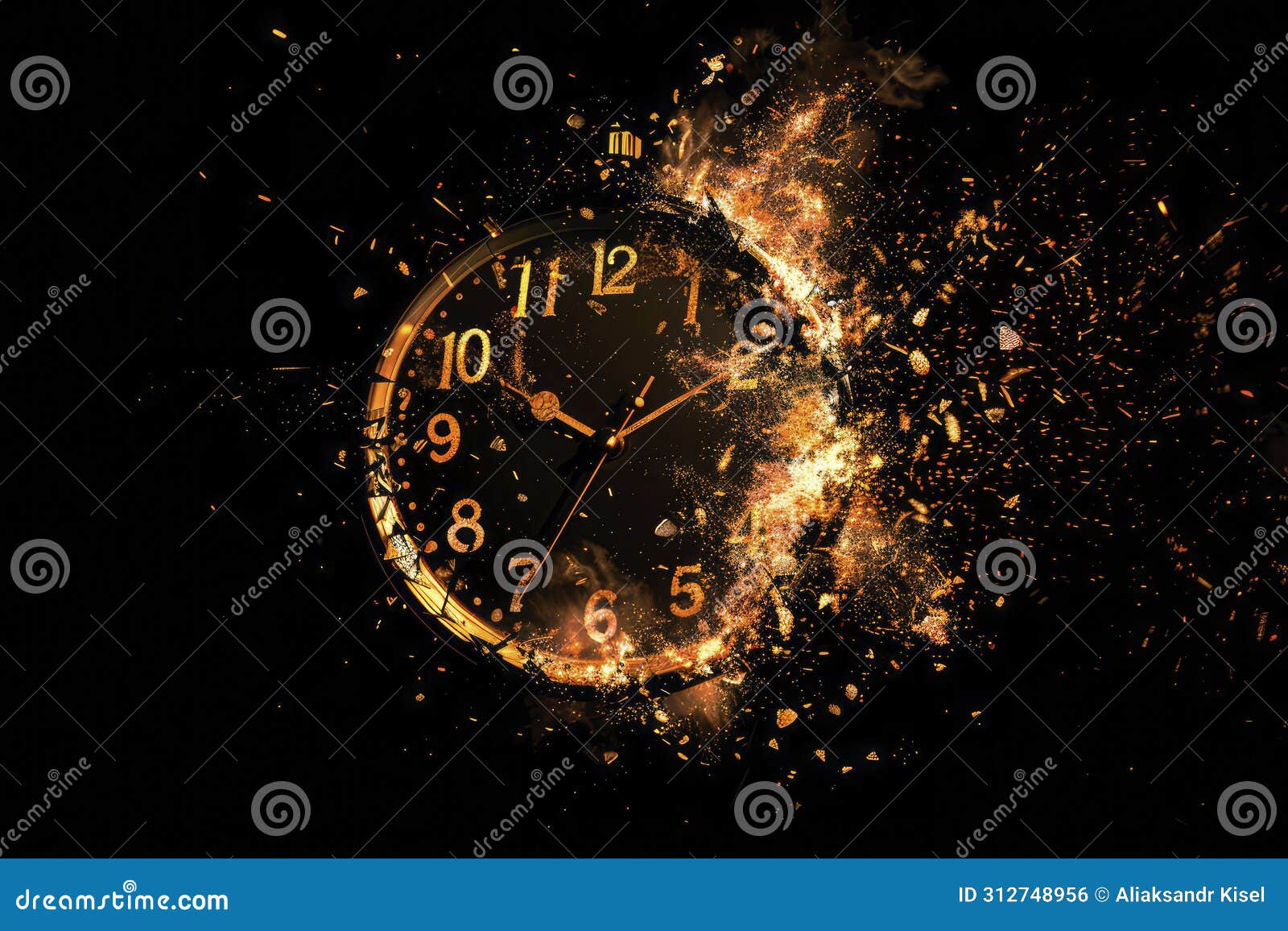 An Exploding Alarm Clock or Clock Against a Black Background ...