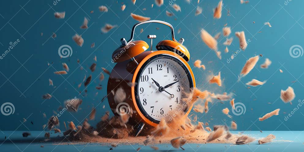 Exploding Alarm Clock on Blue Background, Concept of Time Management, Created with Generative AI ...