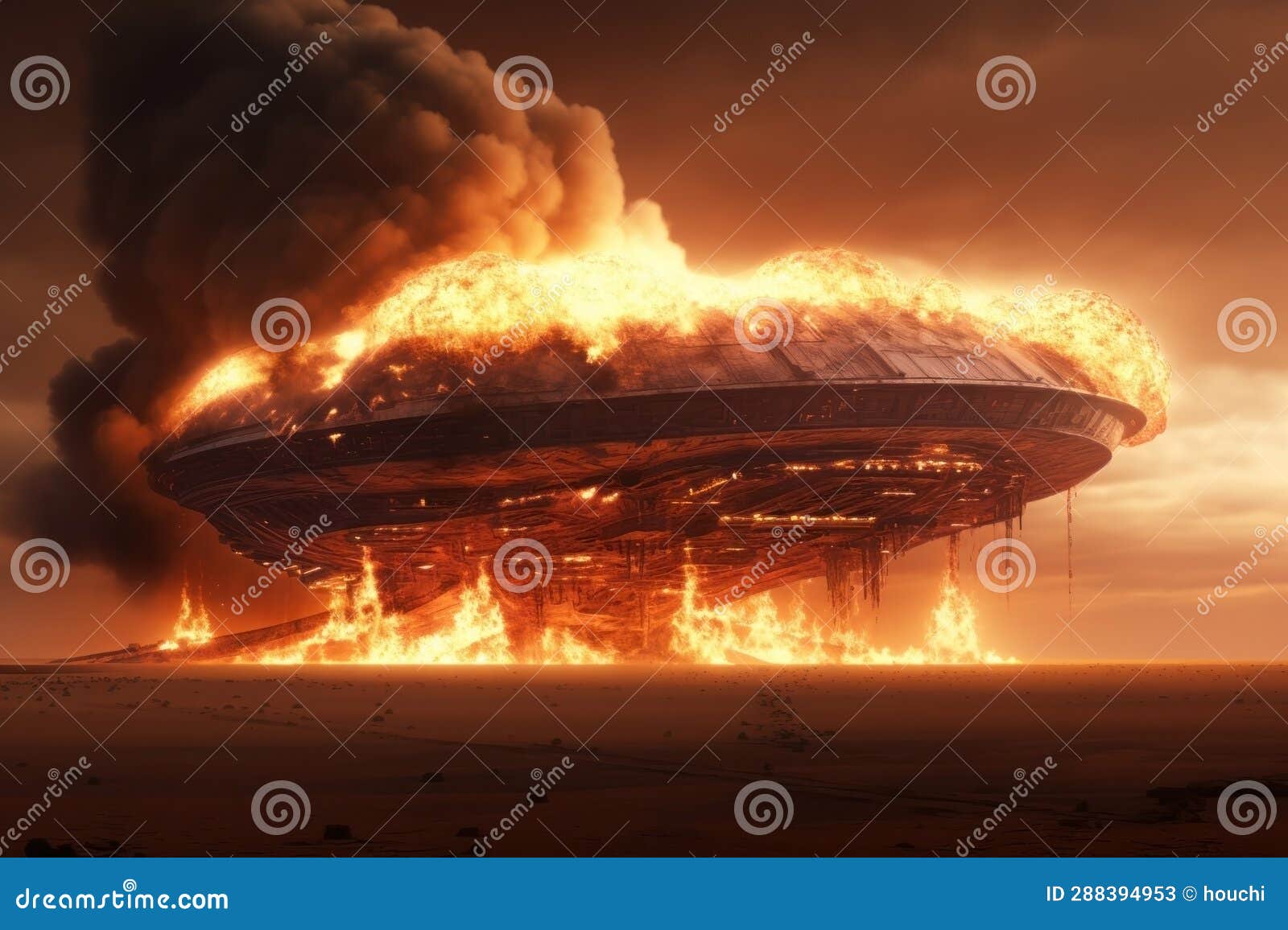 Exploding Alien Spacecraft on a Desert Landscape. Fire, Flames, Smoke ...