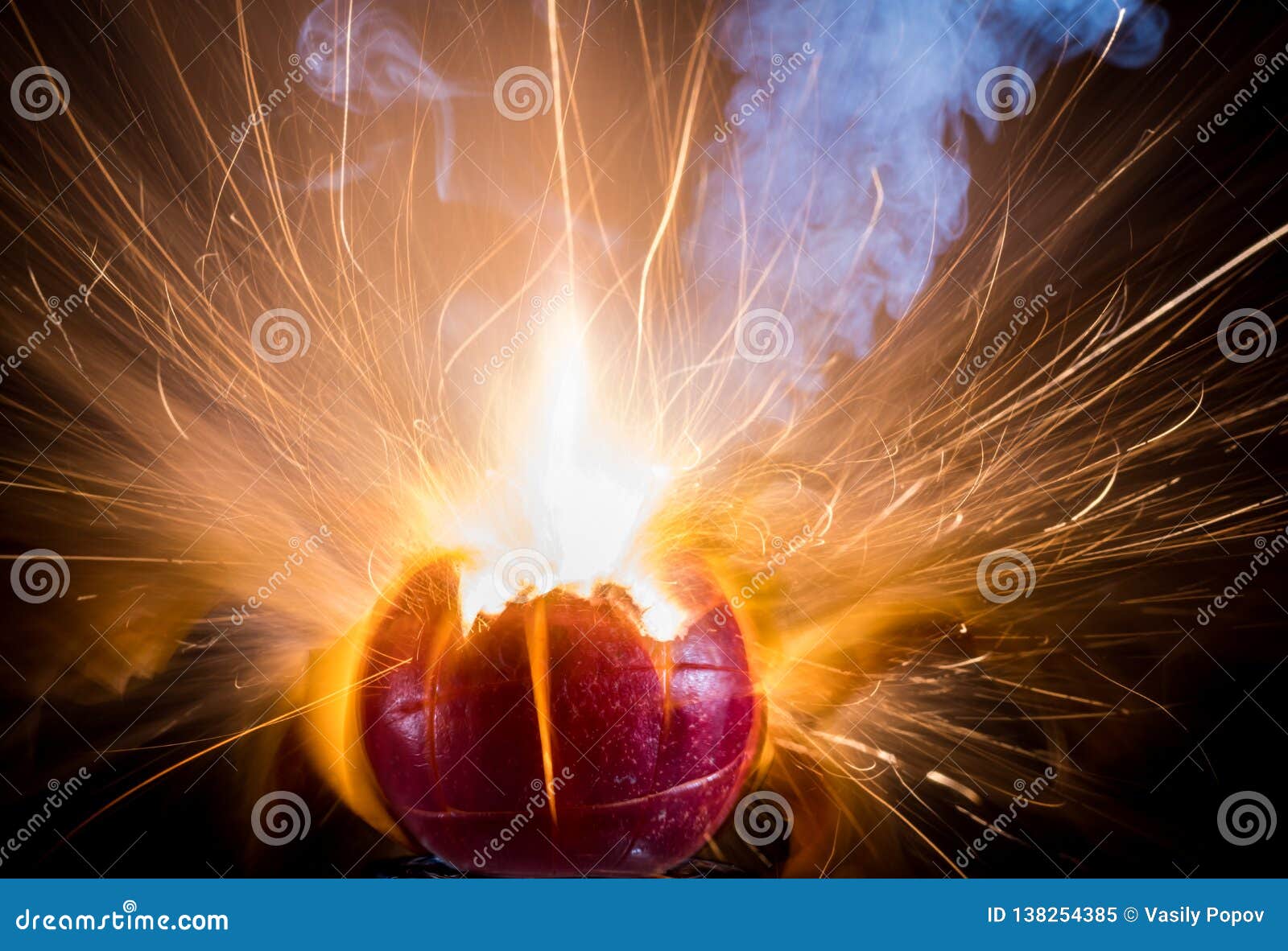 Exploding Apple with Flame, Sparks and Smoke Stock Image - Image of ...