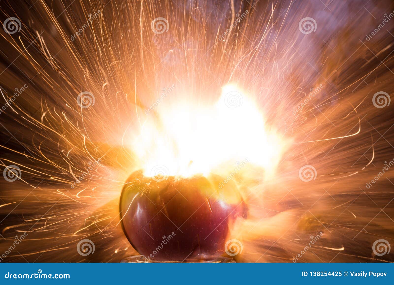 Exploding Apple With Flame, Sparks And Smoke Stock Image - Image of ...