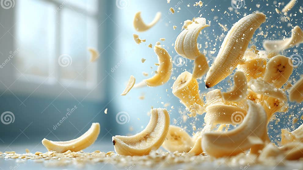 Exploding Banana Pieces and Peels Mid-air, with Some on a Surface Stock Illustration ...