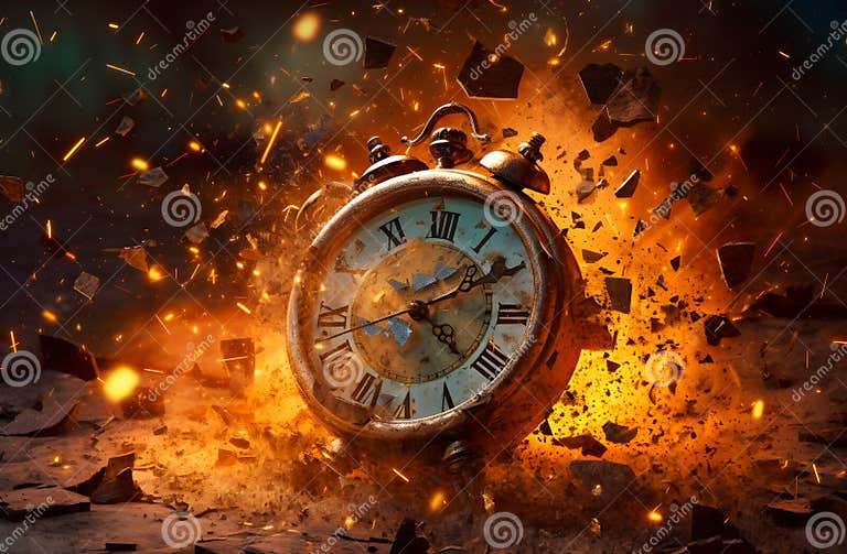 Exploding Big Clock in the Dark, Broken and Lost Time Concept ...