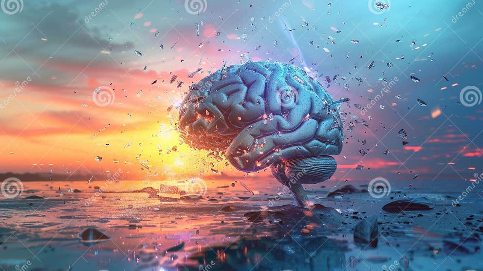 Exploding Brain Concept Art at Sunset Stock Illustration - Illustration ...