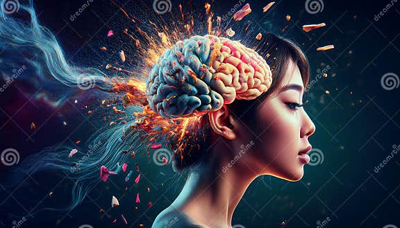 An Exploding Brain with Fragments Flying Outward, Symbolizing a Burst ...