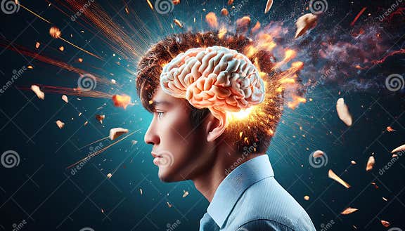 An Exploding Brain with Fragments Flying Outward, Symbolizing a Burst ...