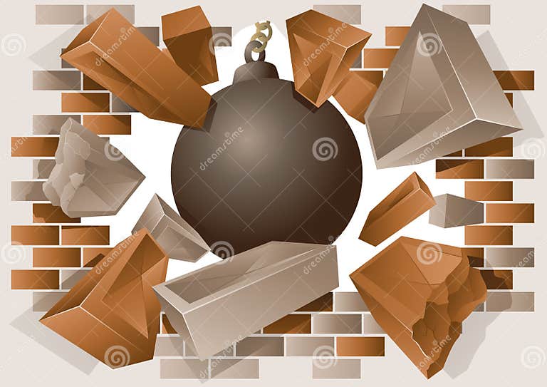 Exploding Brick Wall and Wrecking Ball Stock Vector - Illustration of ...