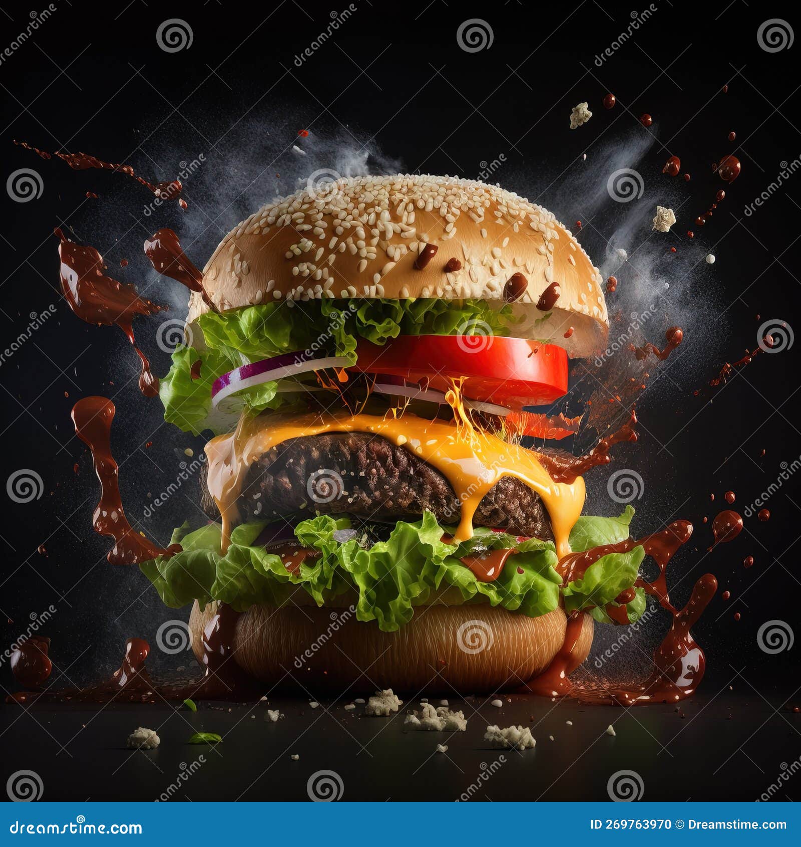 Exploding Burger stock illustration. Illustration of tomatos - 269763970