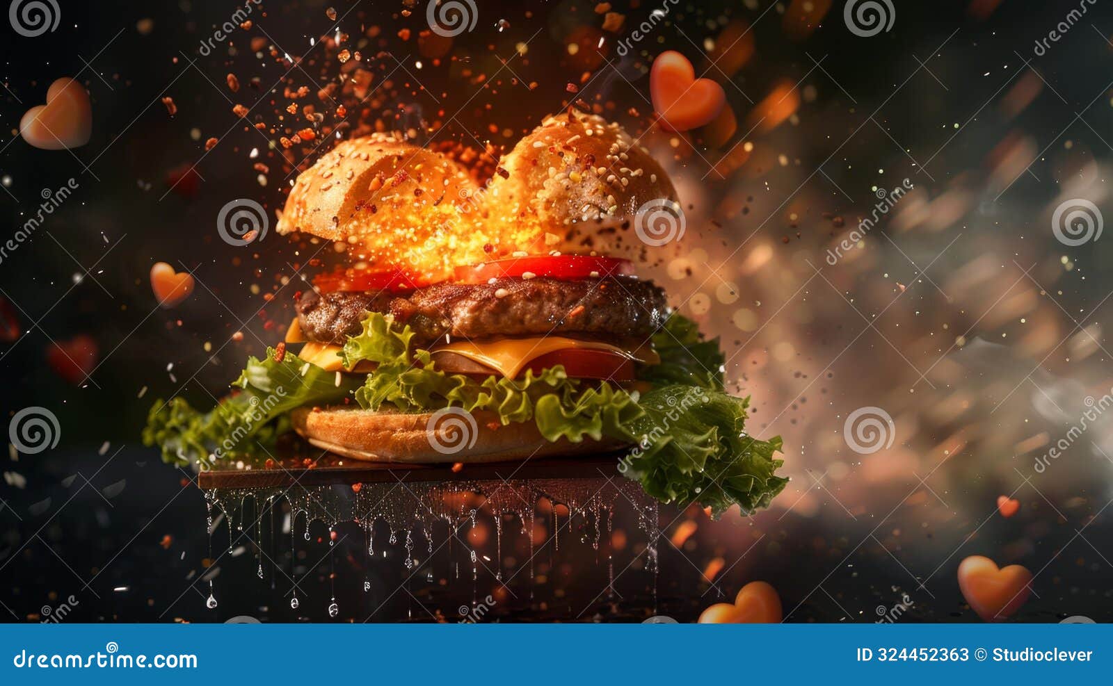 Exploding Burger with Fiery Effects and Hearts, Generative AI Stock ...