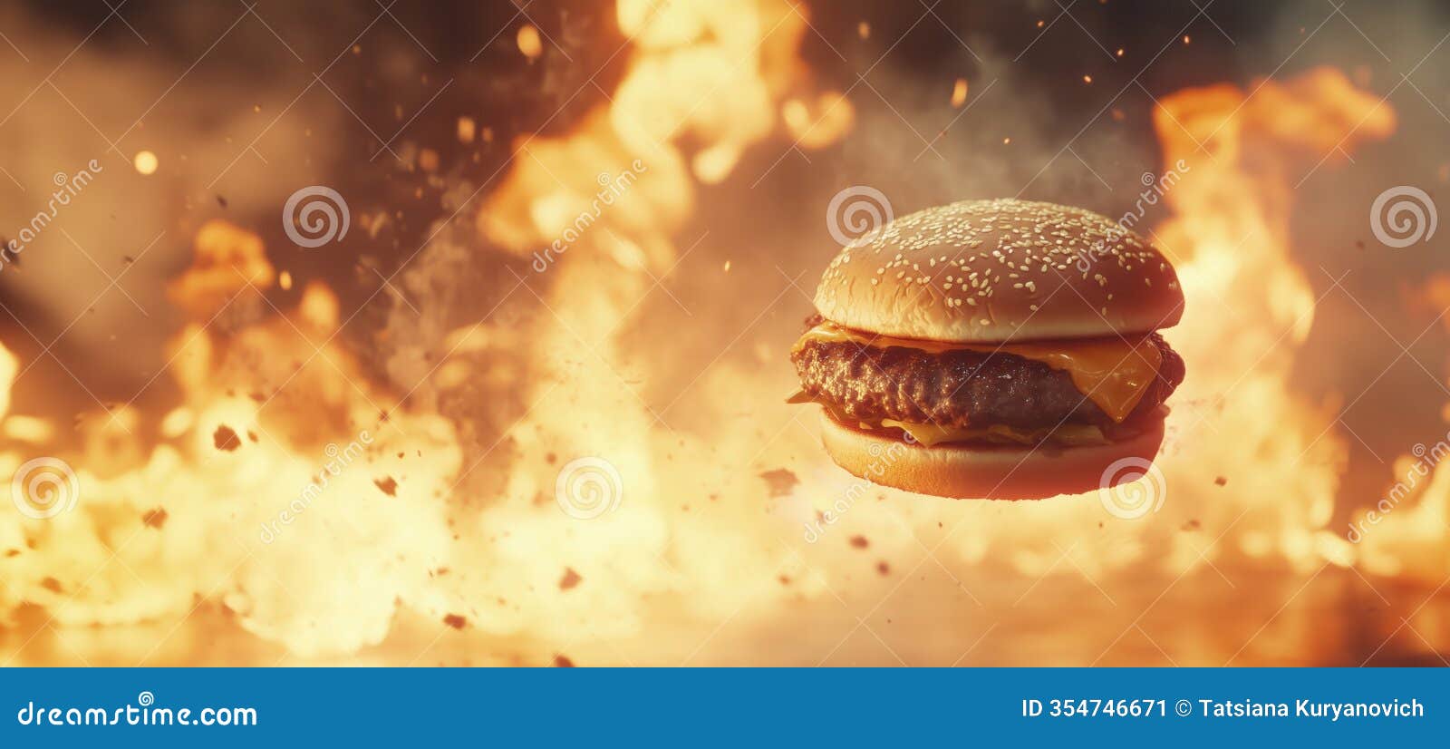 Exploding Burger with Flames, Sesame Seed Bun, Melted Cheese, Juicy ...