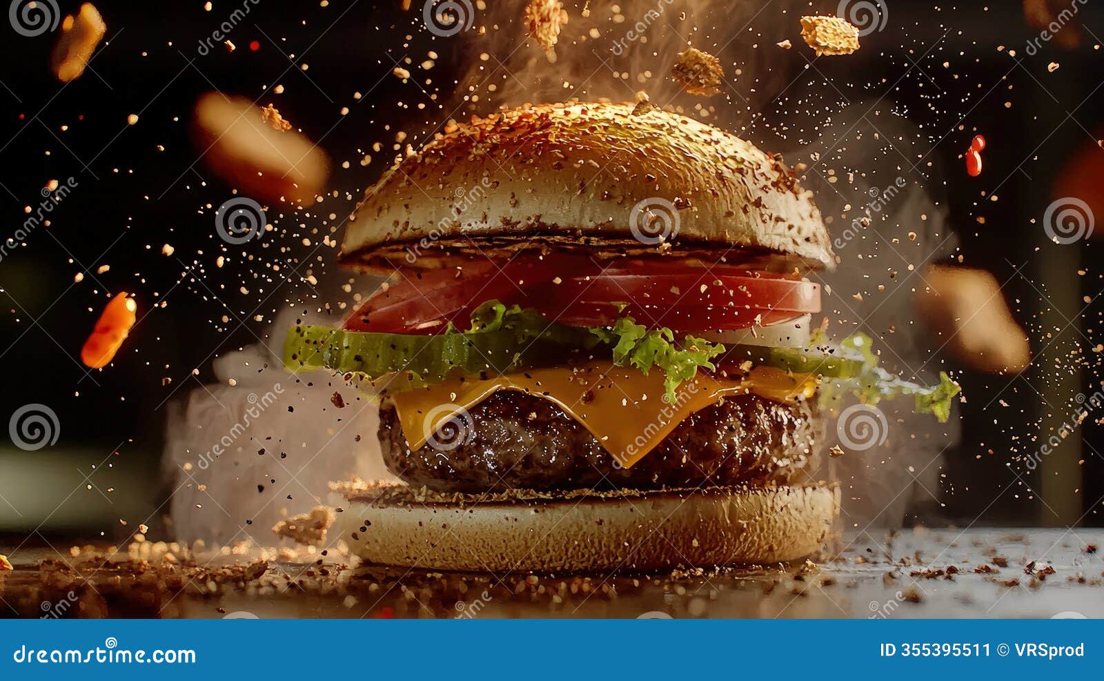 Exploding Burger with Sizzling Effects and Fresh Toppings Stock Image ...