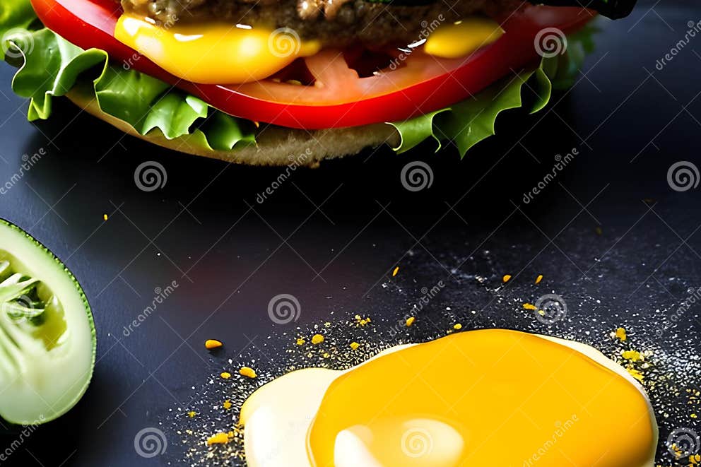 Exploding Burger with Vegetables and Melted Cheese on Black Background ...