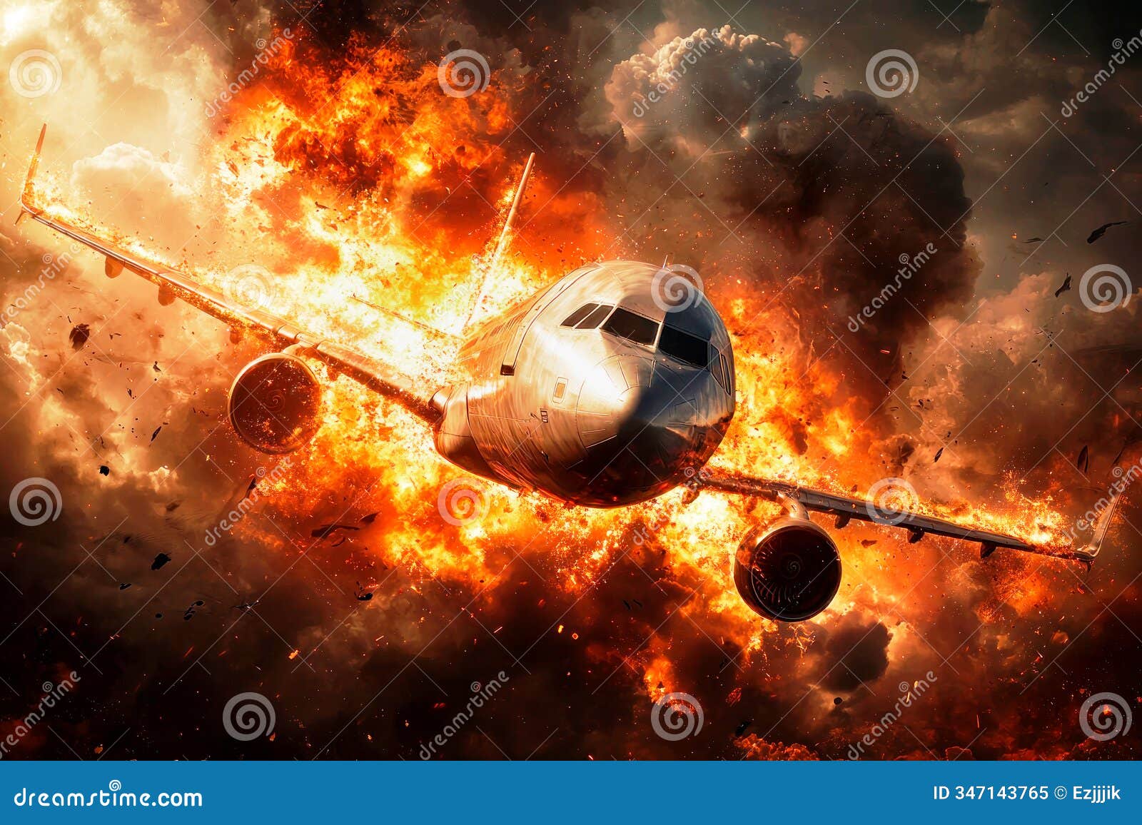 Exploding and Burning Passenger Plane in the Sky. Airplane Crash Stock ...