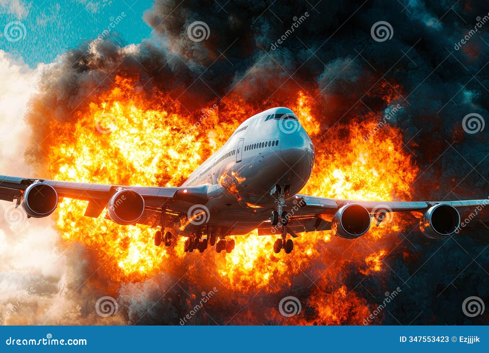 Exploding and Burning Passenger Plane in the Sky. Airplane Crash Stock ...