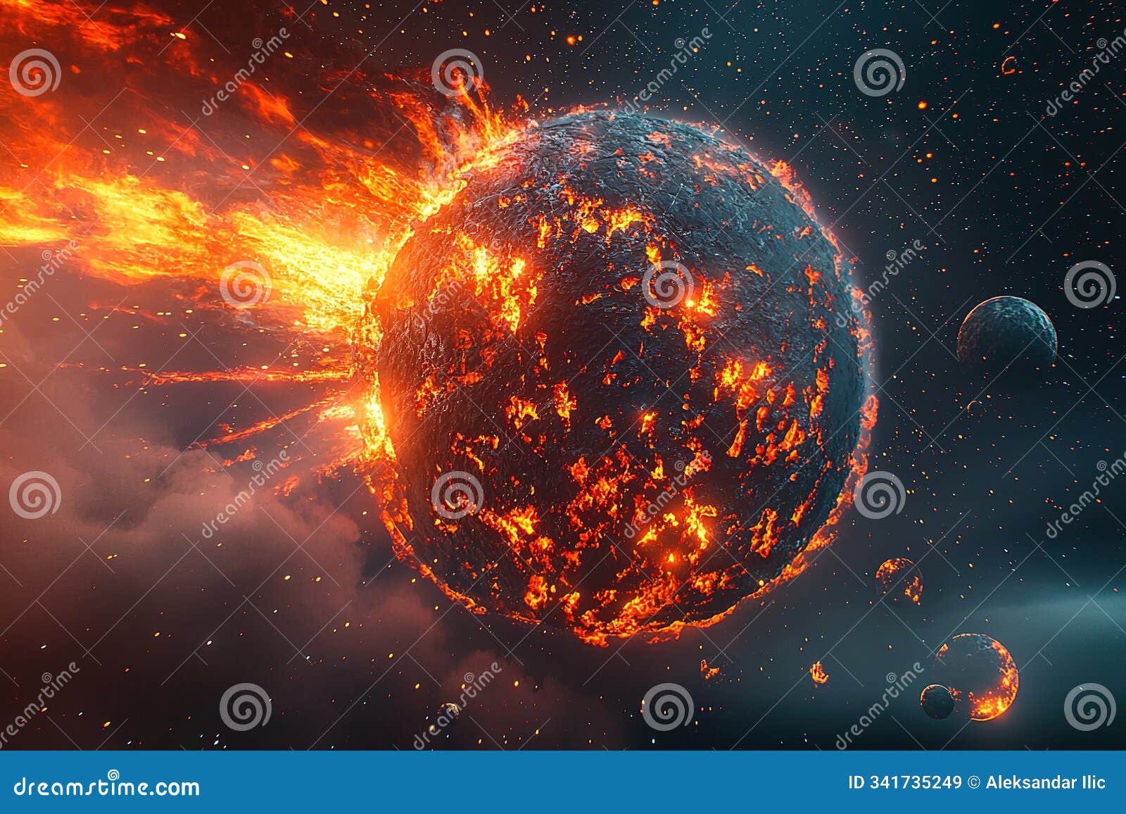 Exploding Burning Planet in Flames and Fire in Cosmos with Stars and ...