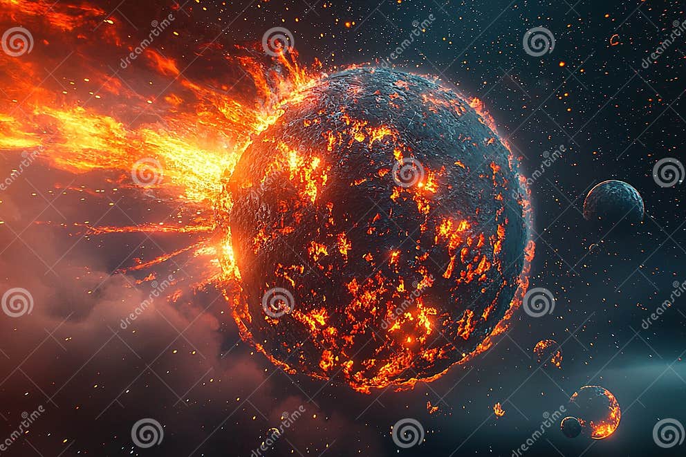 Exploding Burning Planet in Flames and Fire in Cosmos with Stars and ...