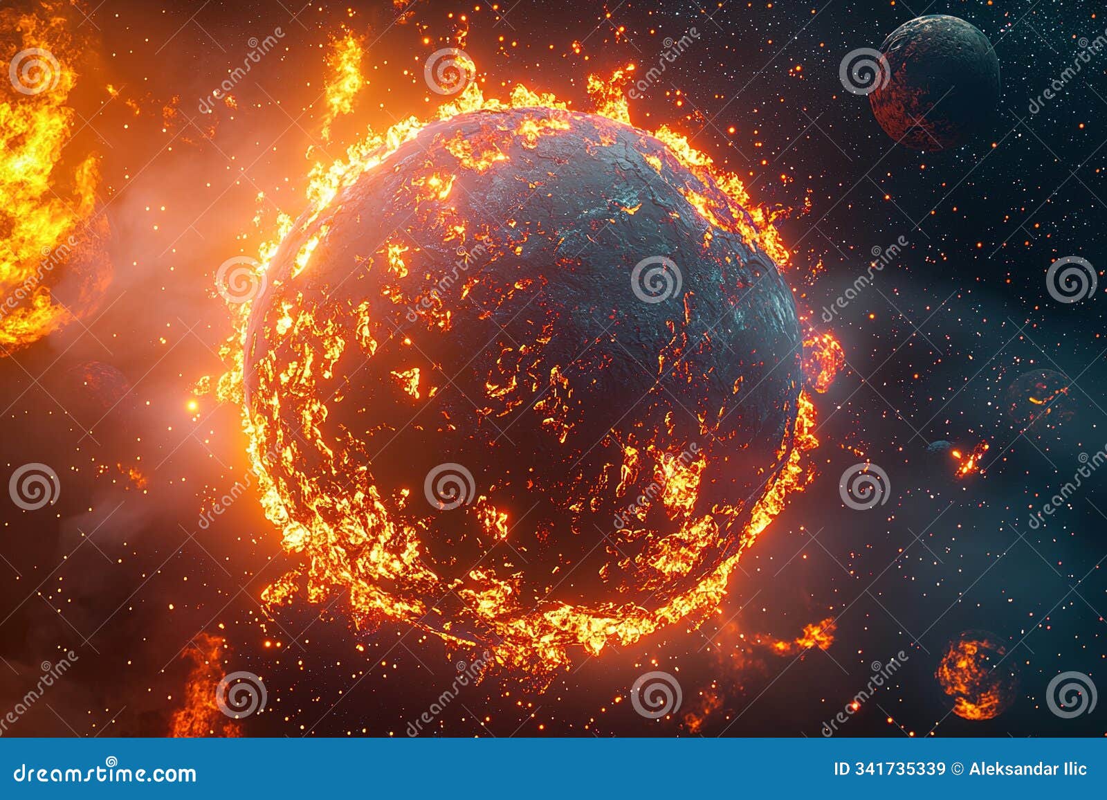 Exploding Burning Planet in Flames and Fire in Cosmos with Stars and ...