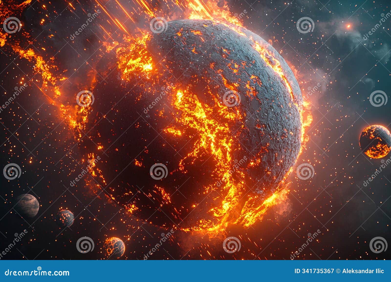 Exploding Burning Planet in Flames and Fire in Cosmos with Stars and ...