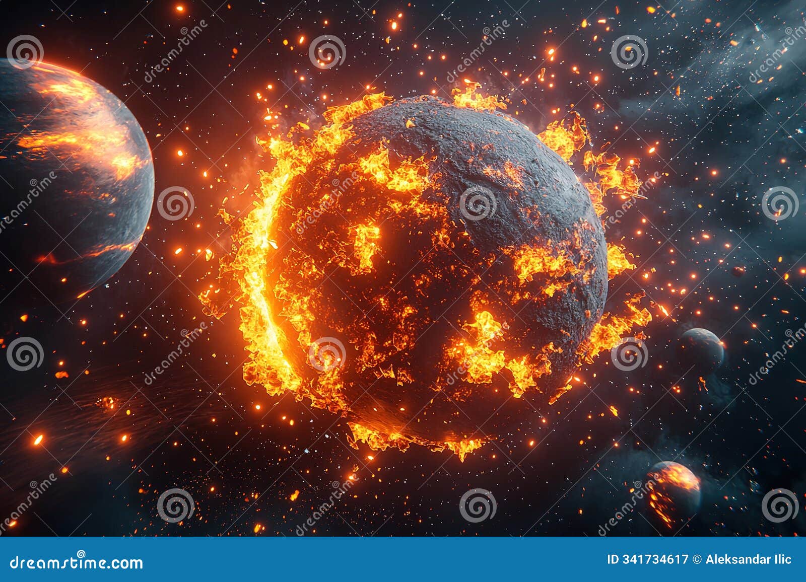 Exploding Burning Planet in Flames and Fire in Cosmos with Stars and ...