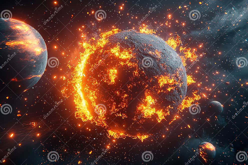 Exploding Burning Planet in Flames and Fire in Cosmos with Stars and ...