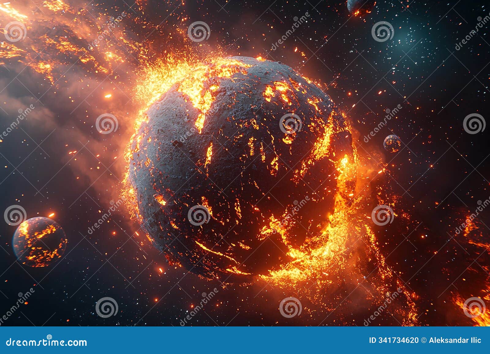 Exploding Burning Planet in Flames and Fire in Cosmos with Stars and ...