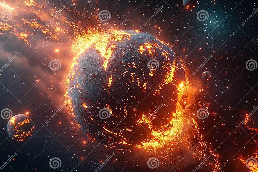 Exploding Burning Planet in Flames and Fire in Cosmos with Stars and ...