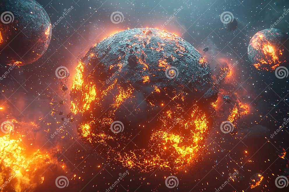 Exploding Burning Planet in Flames and Fire in Cosmos with Stars and Other Planets in Background ...
