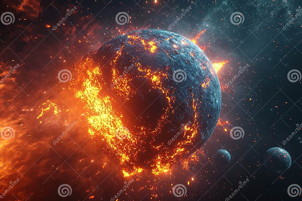 Exploding Burning Planet in Flames and Fire in Cosmos with Stars and ...