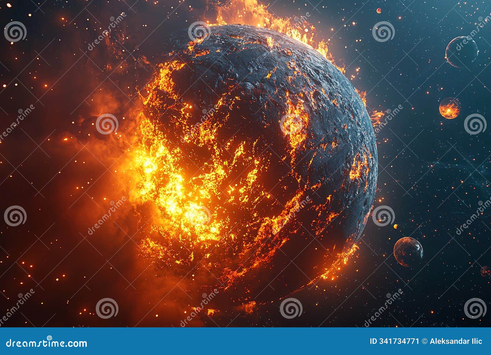 Exploding Burning Planet in Flames and Fire in Cosmos with Stars and ...