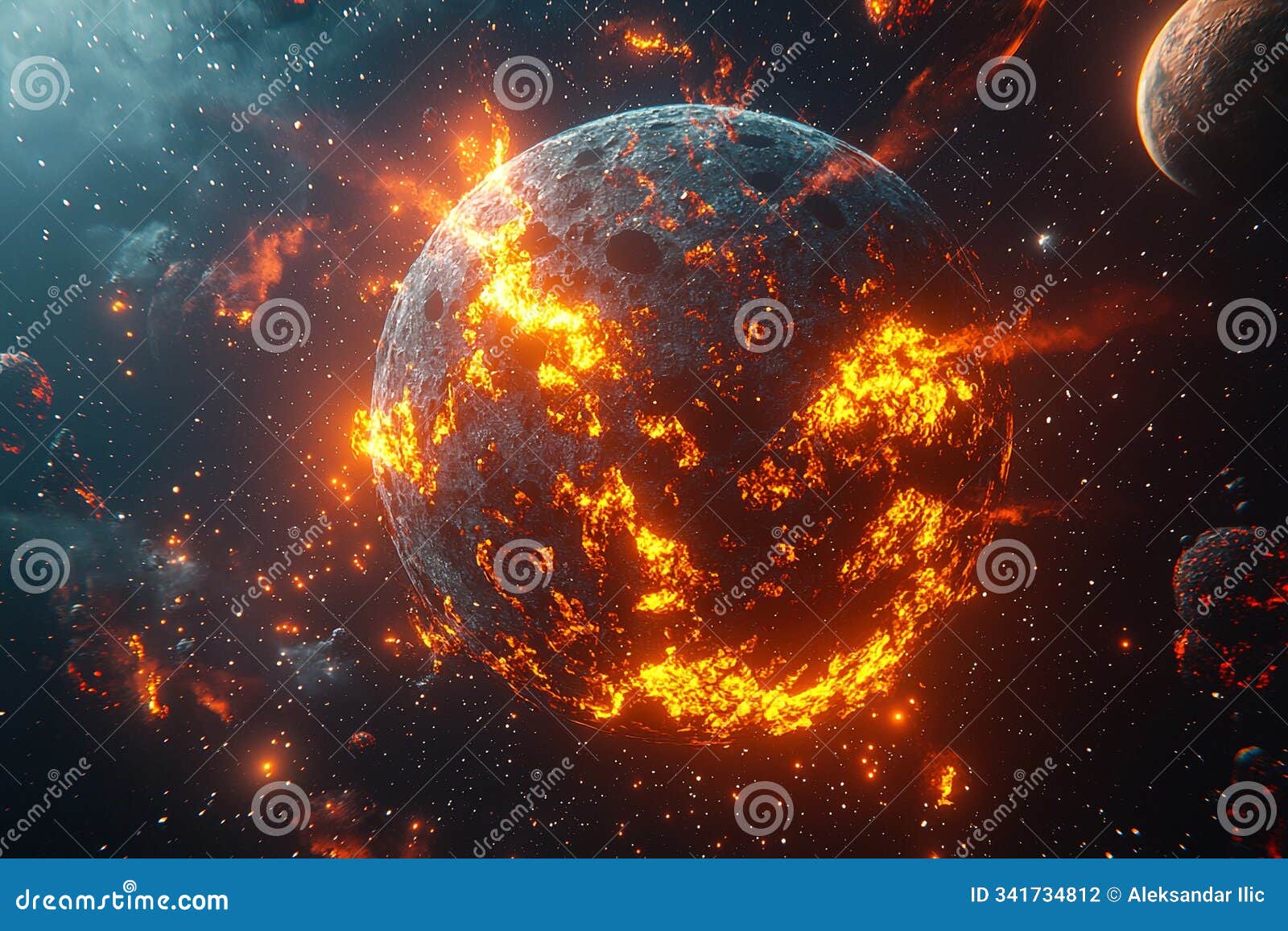 Exploding Burning Planet in Flames and Fire in Cosmos with Stars and ...