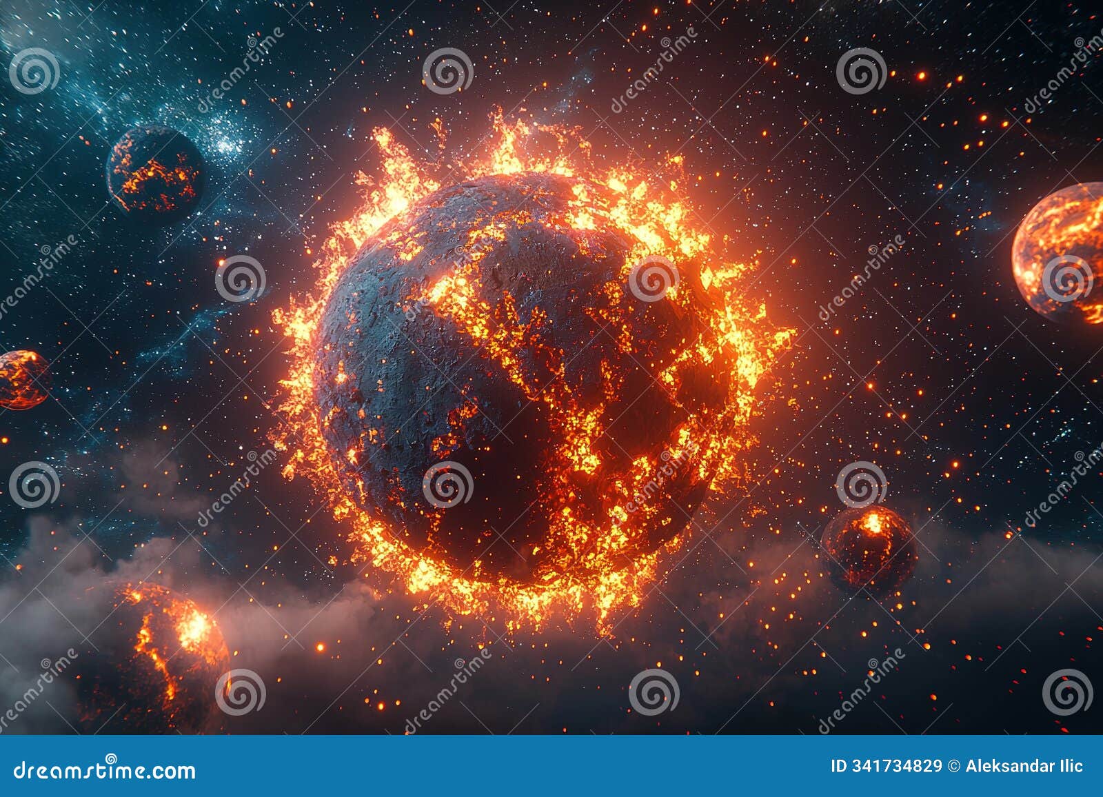 Exploding Burning Planet in Flames and Fire in Cosmos with Stars and ...