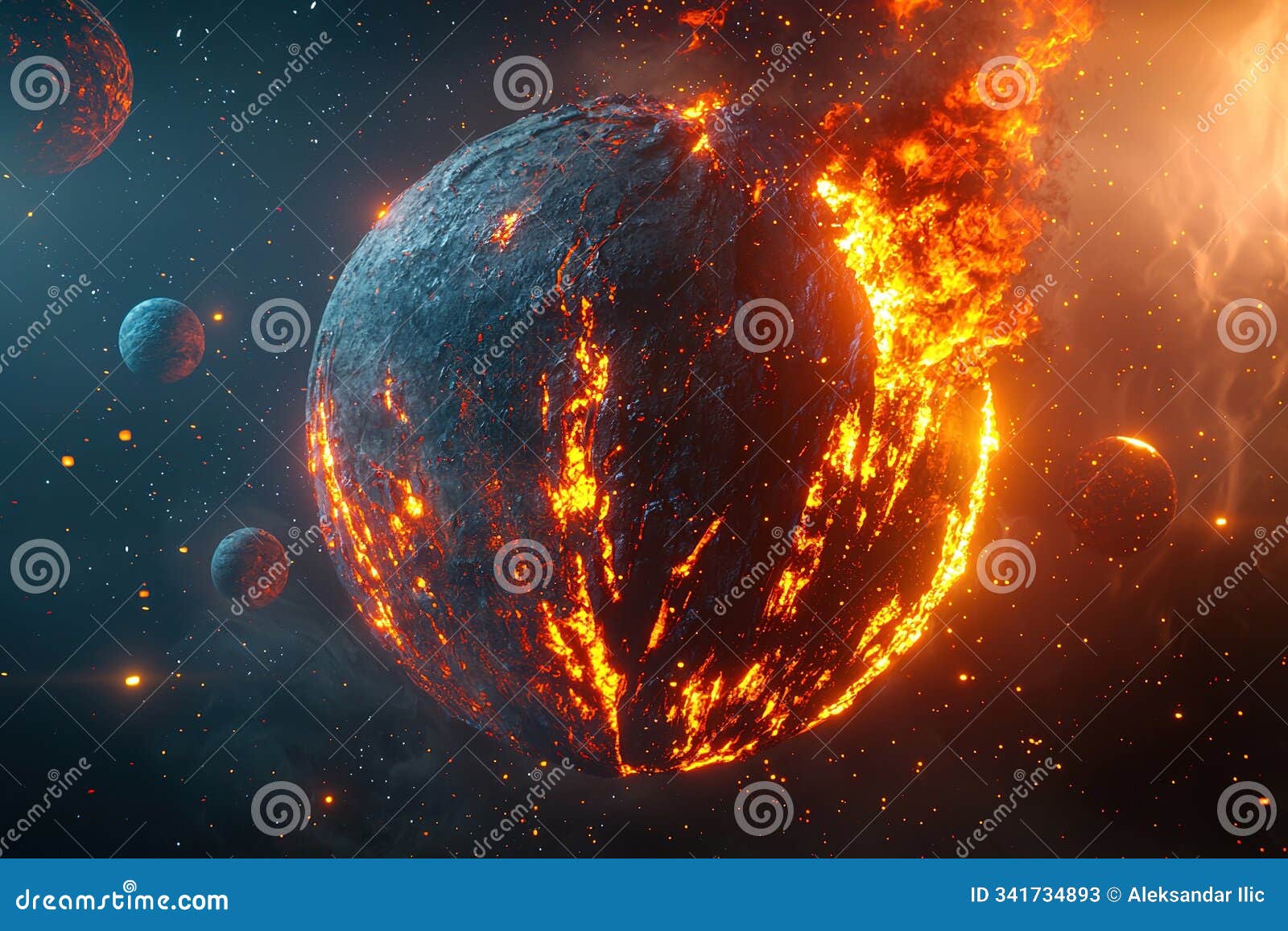 Exploding Burning Planet in Flames and Fire in Cosmos with Stars and ...