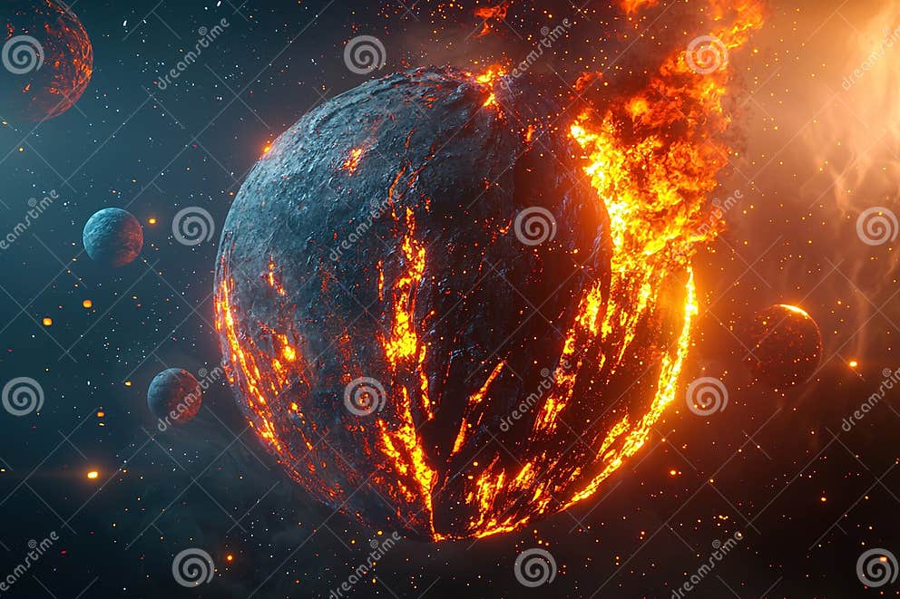 Exploding Burning Planet in Flames and Fire in Cosmos with Stars and ...