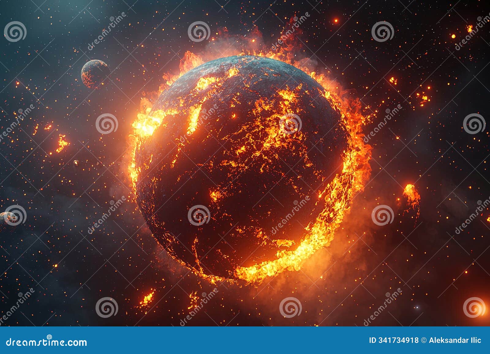 Exploding Burning Planet in Flames and Fire in Cosmos with Stars and ...