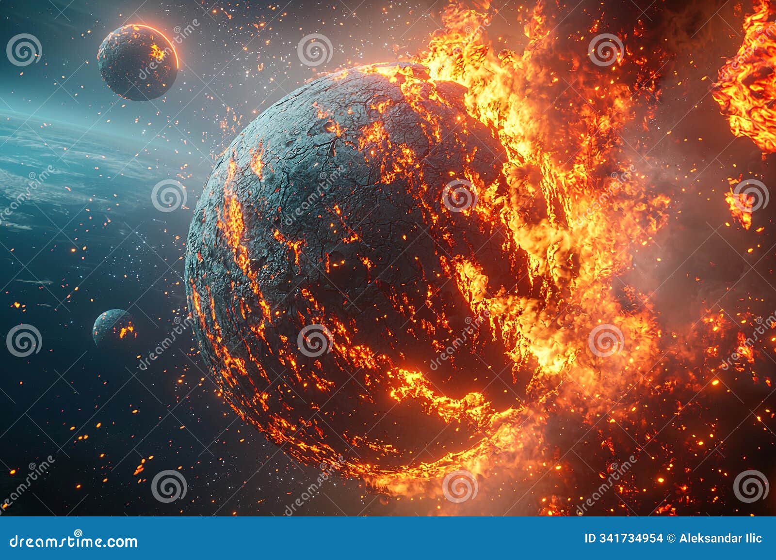 Exploding Burning Planet in Flames and Fire in Cosmos with Stars and ...