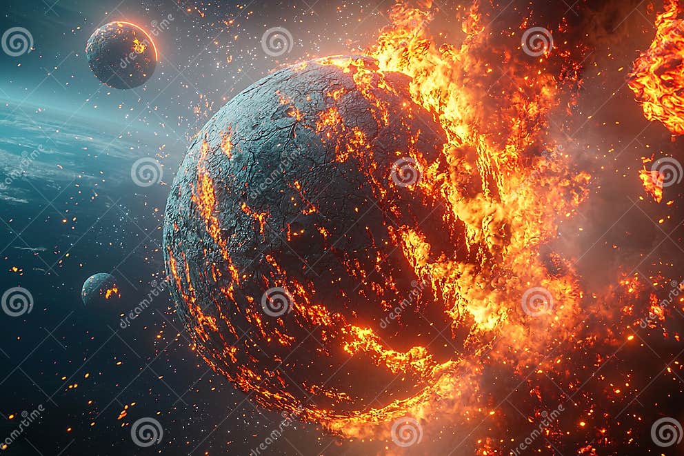 Exploding Burning Planet in Flames and Fire in Cosmos with Stars and ...